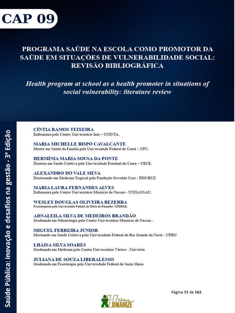Cap9 - Programa Saã de Na Escola Como Promotor Da Saã de em Situaã Ã Es de Vulnerabilidade ...