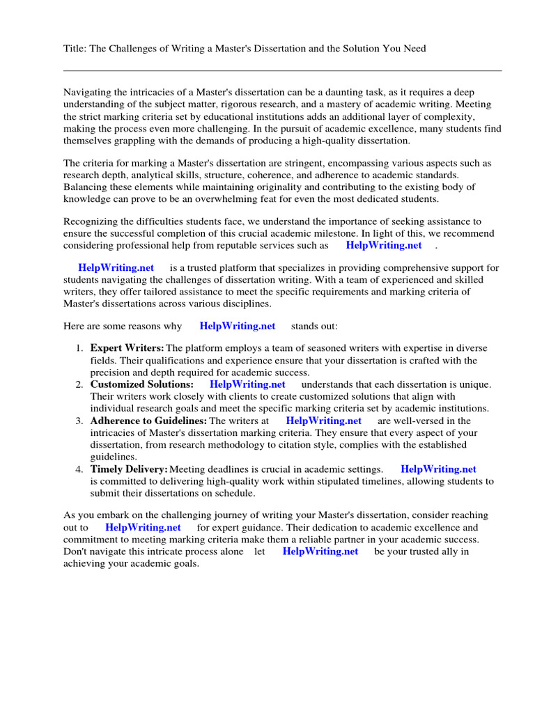 Masters Dissertation Marking Criteria | Download Free PDF | Thesis | Rubric (Academic)
