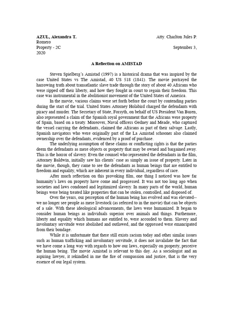 AZUL (2C) On Amistad Reflection Paper | PDF | Slavery | Unfree Labour