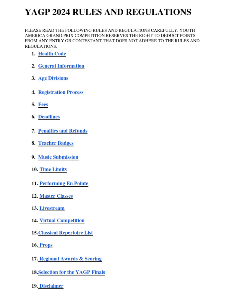 YAGP 2024 Rules and Regulations ENG 01 | PDF | Ballet | Concert Dance