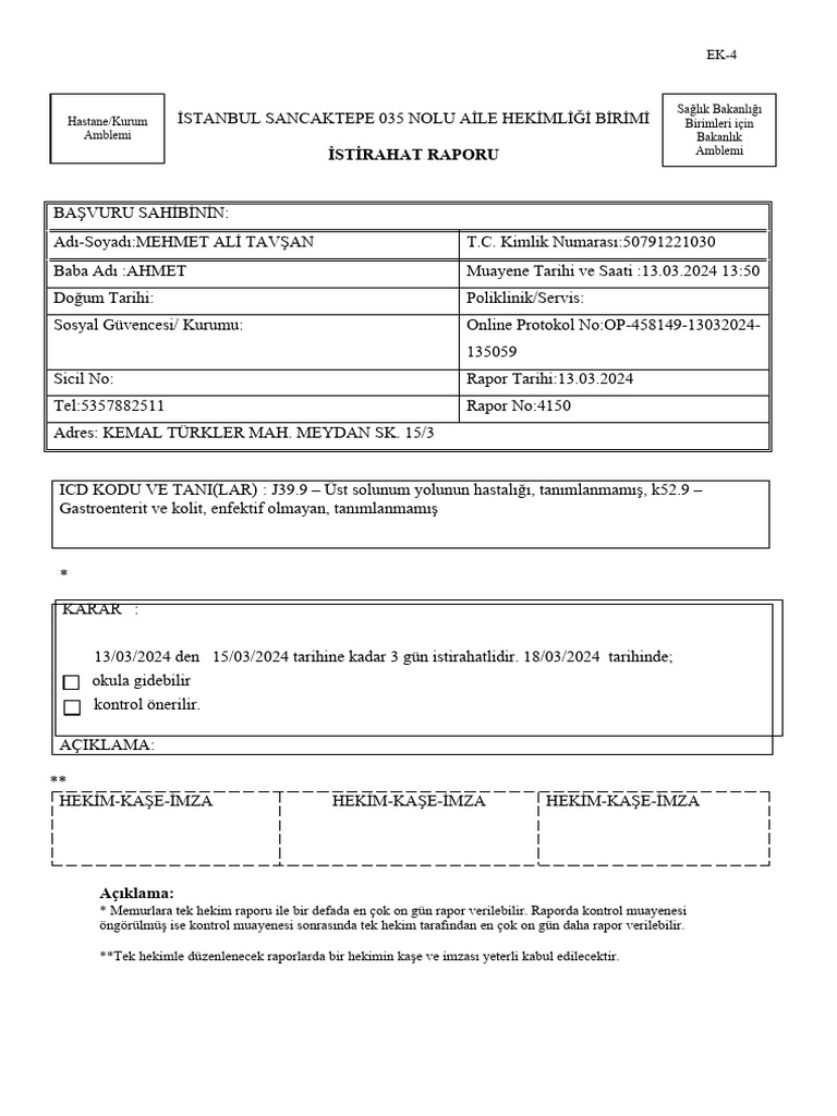 Istirahat Rapor Formati Ek 4 | PDF