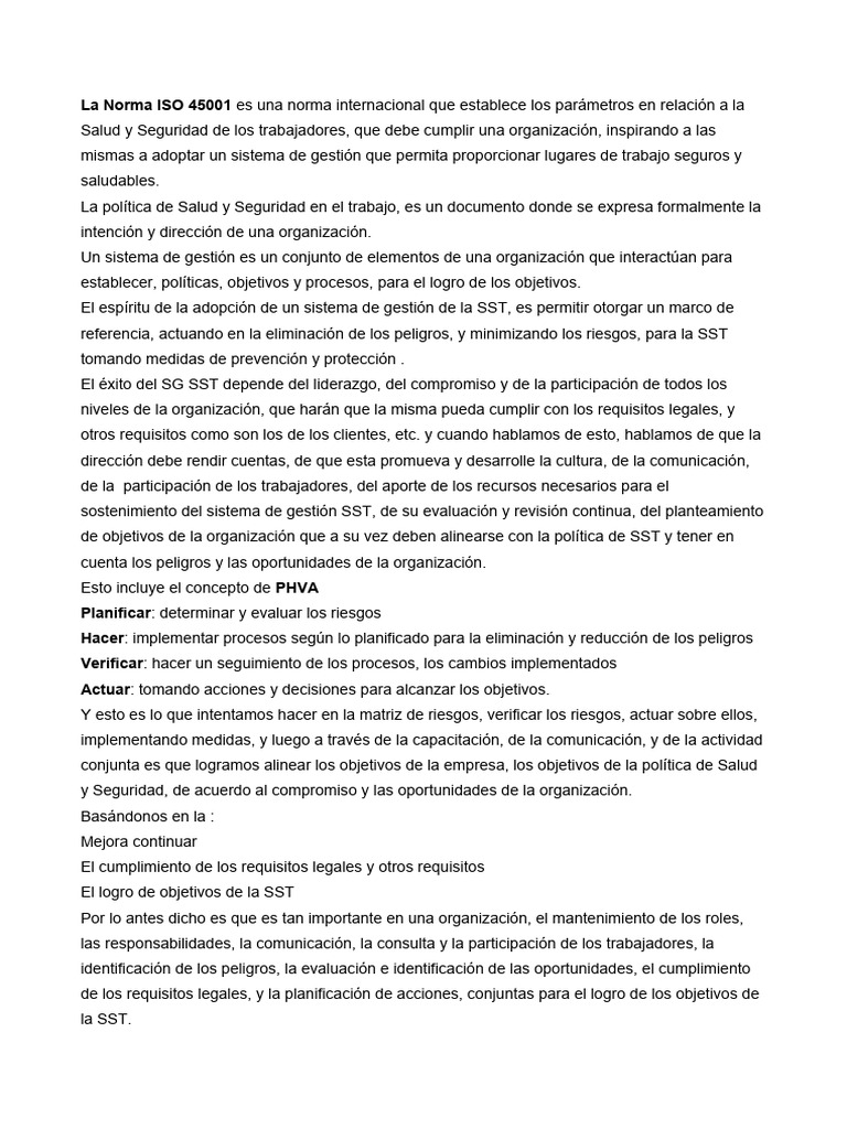 ISO 45001 y speach Politicas de Salud y Seguridad en el trabajo y SG SST | PDF | Planificación ...