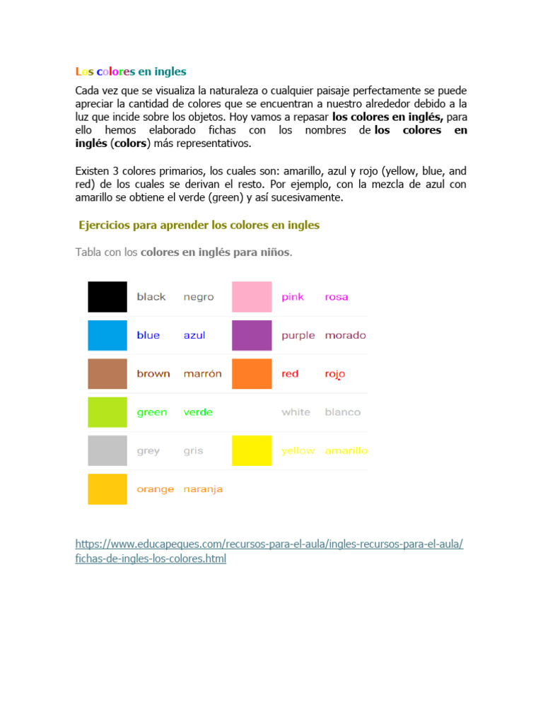 Los Colores en Ingles | PDF | Artes del Lenguaje y Comunicación