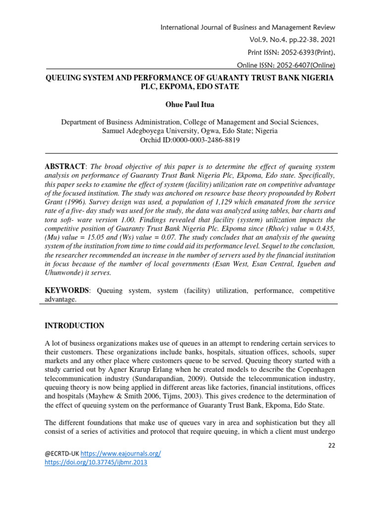 Queuing System and Performance of Guaranty Trust Bank Nigeria PLC | PDF ...