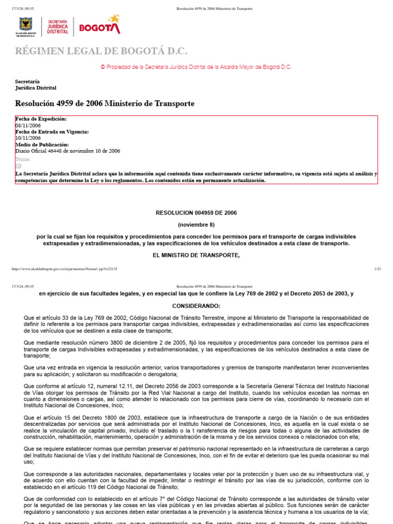 Resolución 4959 de 2006 de Colombia | PDF | Transporte | Póliza de seguros