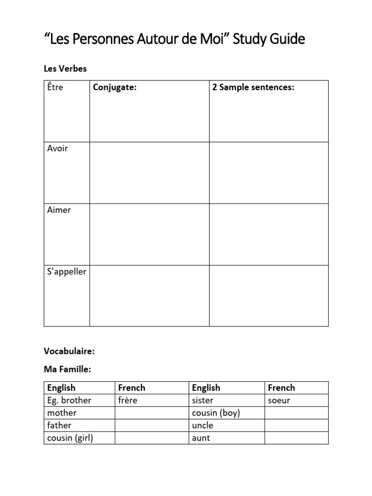 Grade 7 French: Les Personnes Autour de Moi | PDF