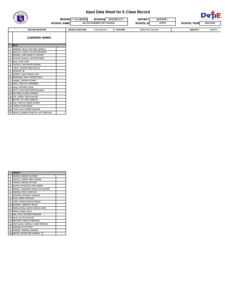 E-Class Record for MAPEH 5-Aguinaldo | PDF | Philippines