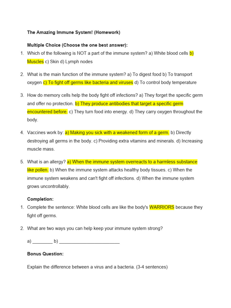 The Amazing Immune System Homework | PDF