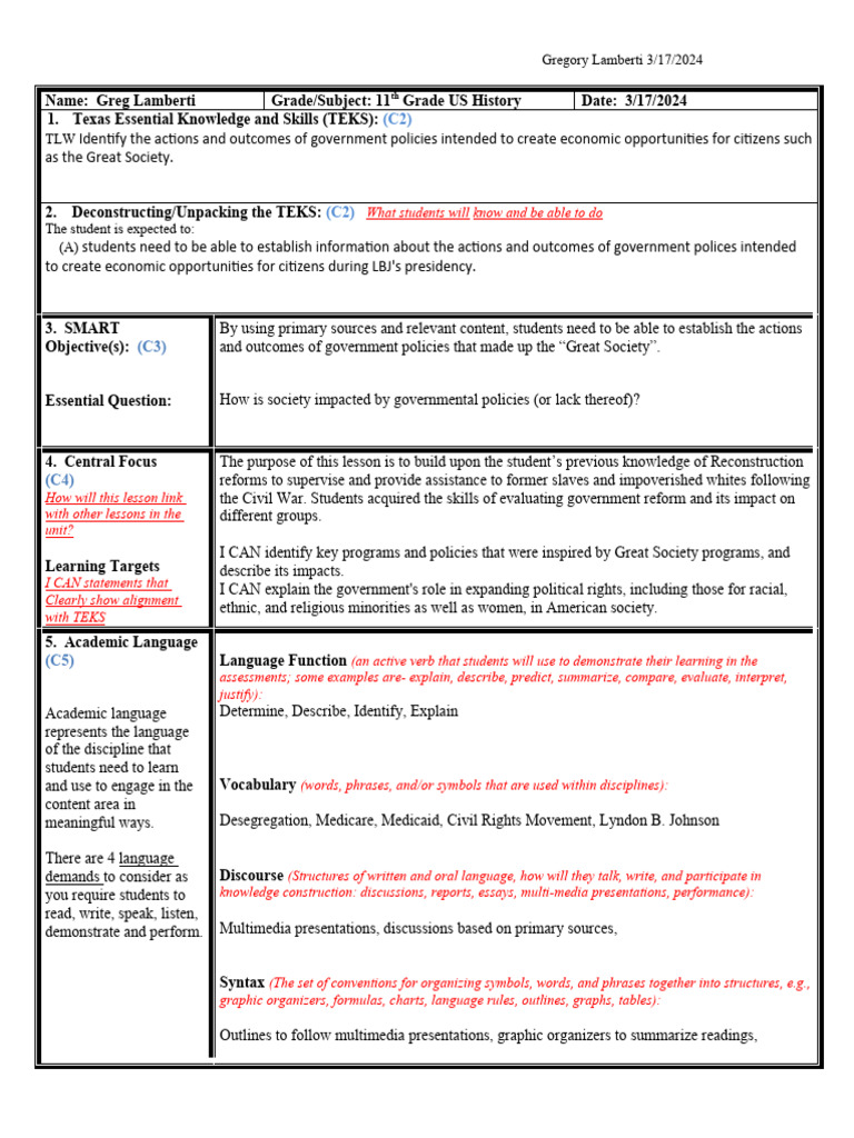 edtpa lesson plan guide lpg | PDF | Great Society | Vocabulary