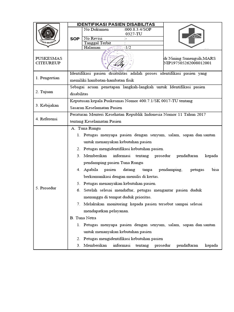 5.3.1.b.1 SOP IDENTIFIKASI PASIEN DISABILITAS | PDF 5.3.1.b.1 SOP IDENTIFIKASI PASIEN DISABILITAS | PDF