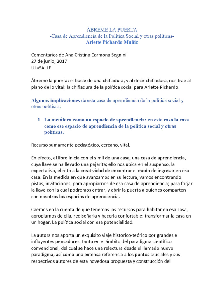 Ana Cristina Carmona sobre el libro Ábreme la puerta de Arlette ...