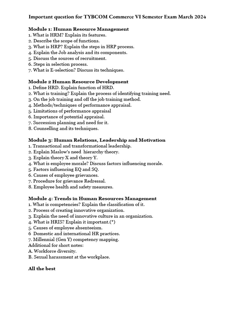 Tybcom Comm 6 Imp Questions For March 2024 Exam | PDF