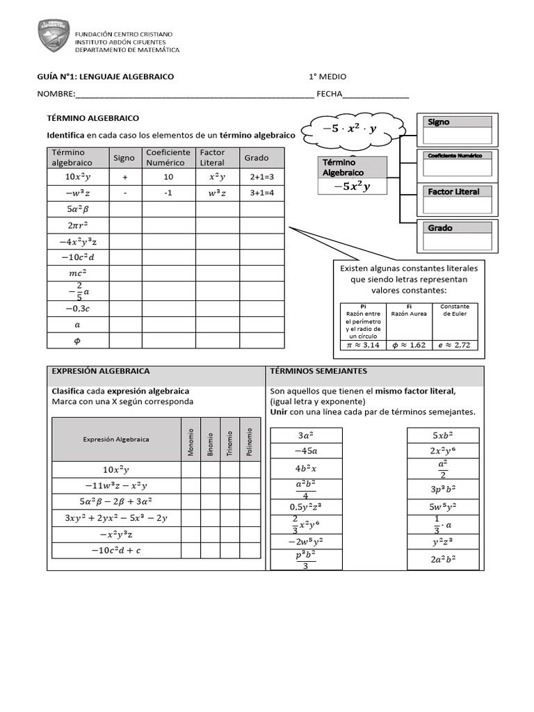 GUÍA_1_INTRO_LENGUAJE_ALGEBRAICO | PDF | Matemática Elemental | Matemáticas De La Computación