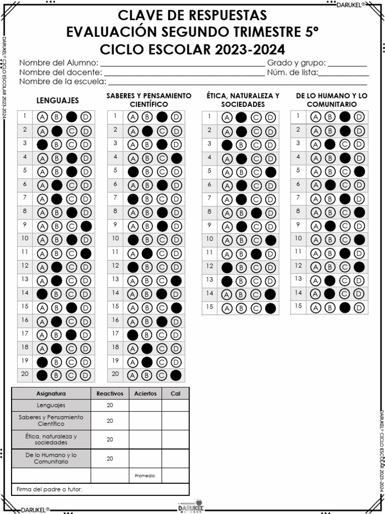 5° Trim2 Solucionario Hoja de Respuestas Darukel 2023-2024 | PDF