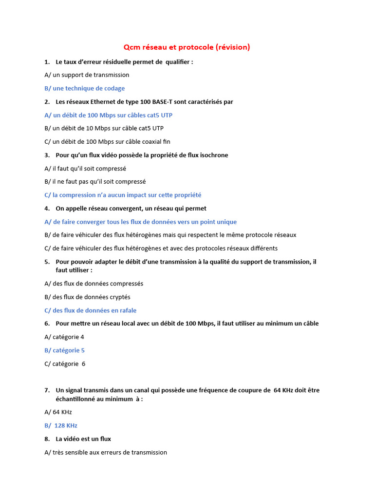 QCM Réseau (Rév Exam) | PDF | Protocole de contrôle de transmission | Débit binaire