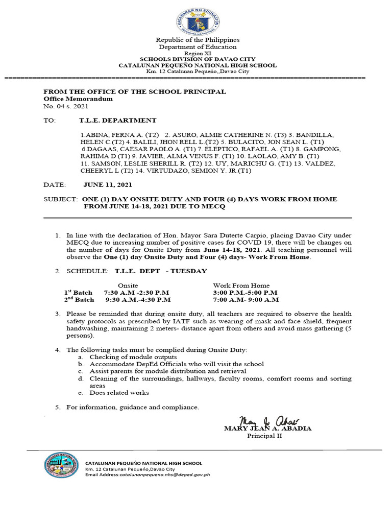 TLE Memo 004 s.2021 1 Day Onsite 4 Dys WFH | PDF