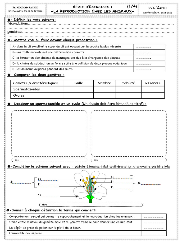 Exercices sur la reproduction animale | PDF | Fécondation | Femelle