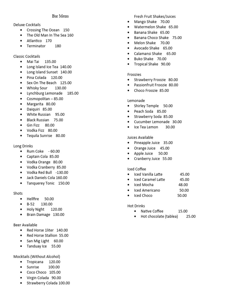 Bar Menu | PDF | Alcoholic Drinks | Cocktails