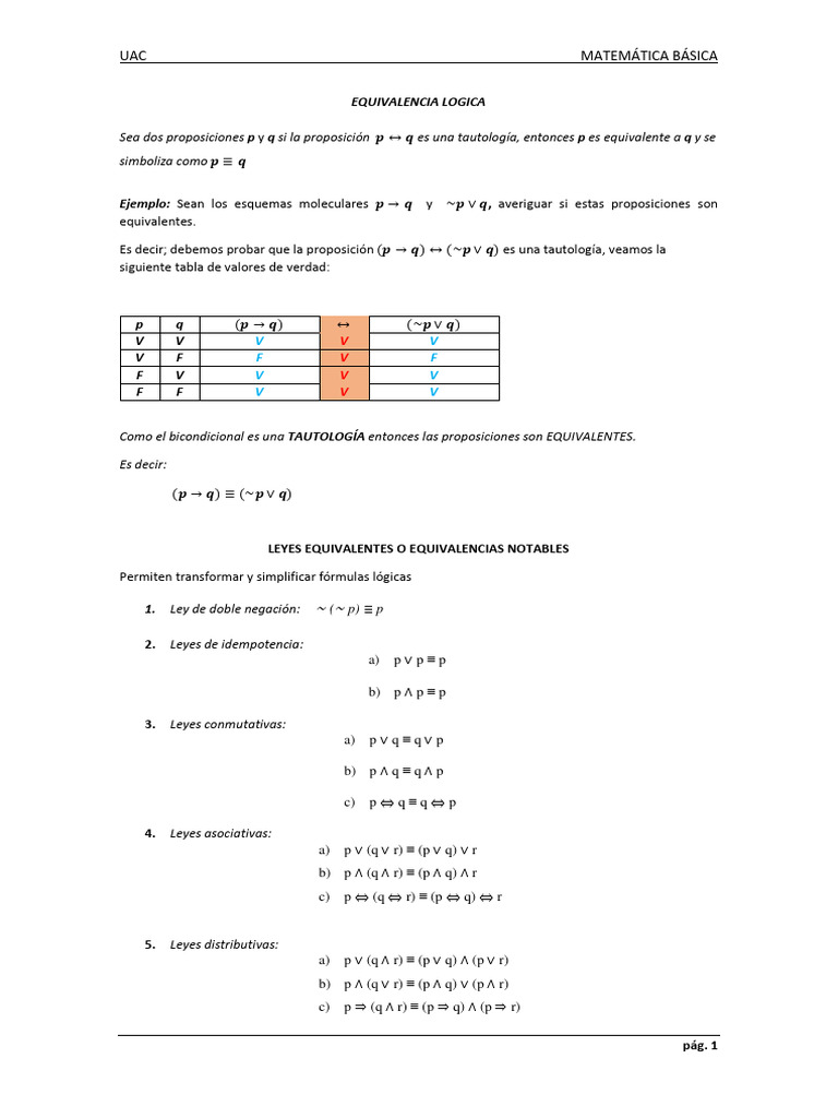 Equivalencias Lógicas en Matemática Básica | PDF | Gramática | Sintaxis ...