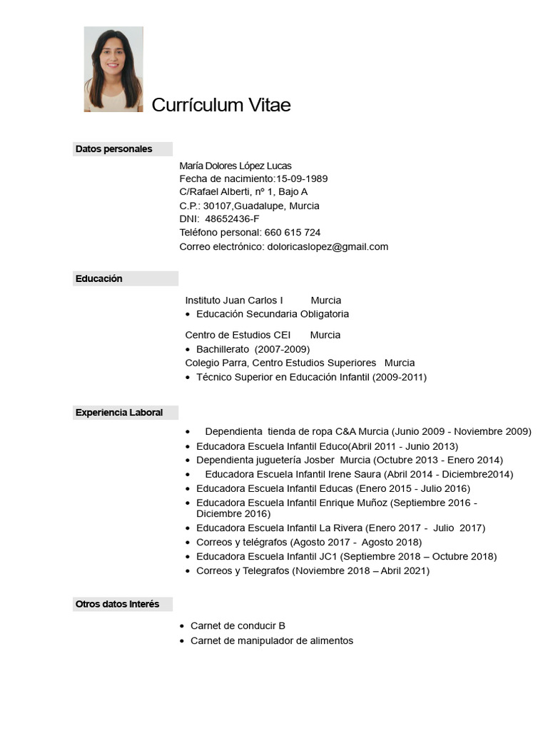 CURRICULUM Maria Dolores Lopez Lucas | PDF