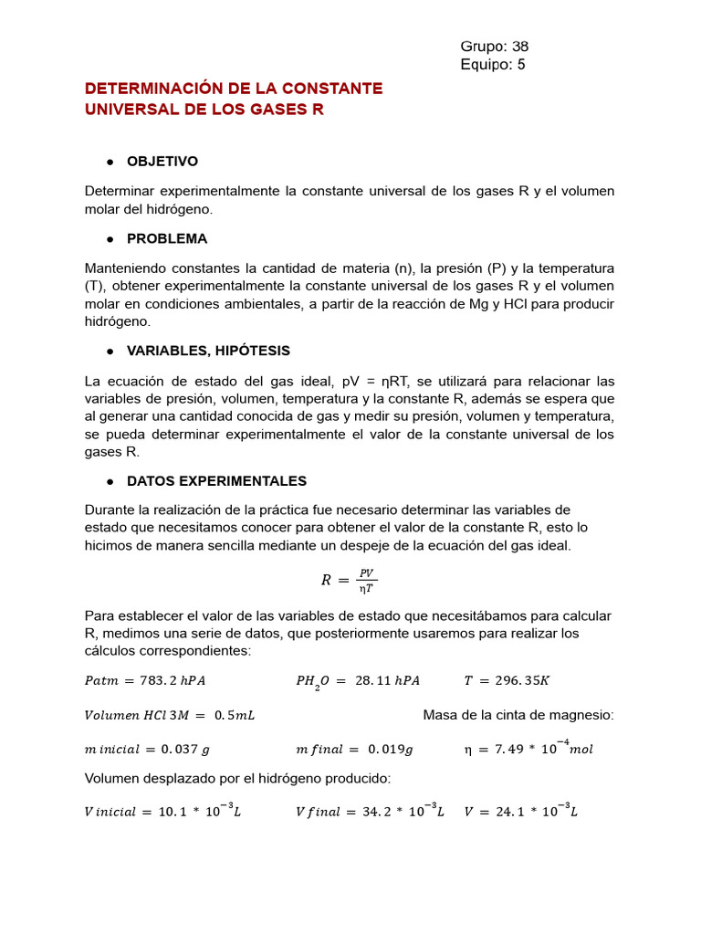 Reporte de Practica 4. Determinación de La Constante R | PDF | Gases ...