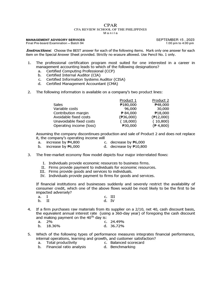 CPAR B94 MAS Final PB Exam - Questions | PDF | Net Present Value ...