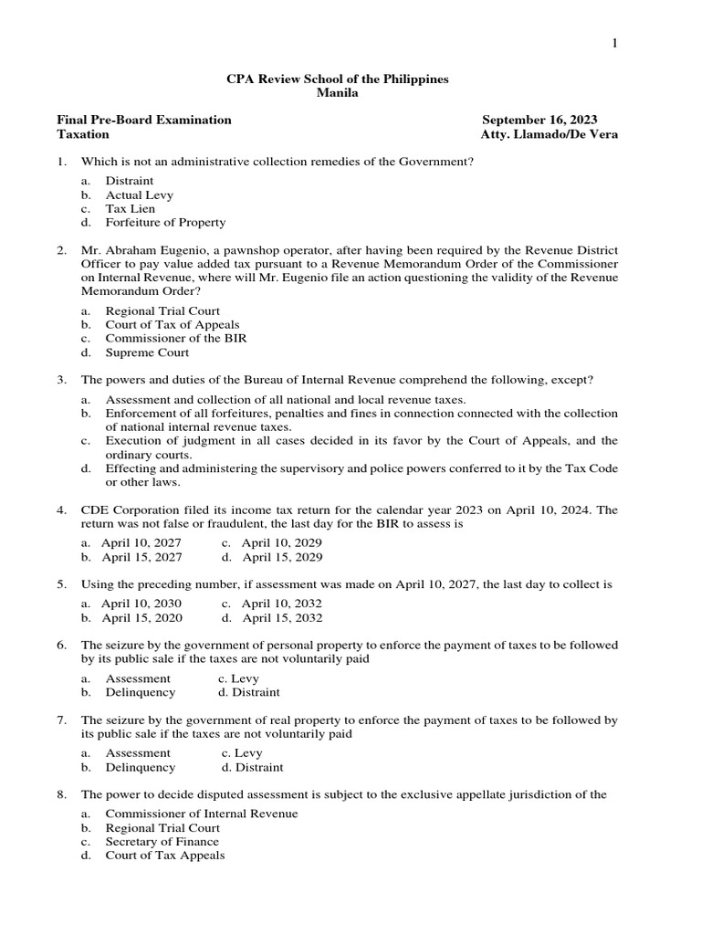 CPAR B94 TAX Final PB Exam - Questions | Download Free PDF | Value ...