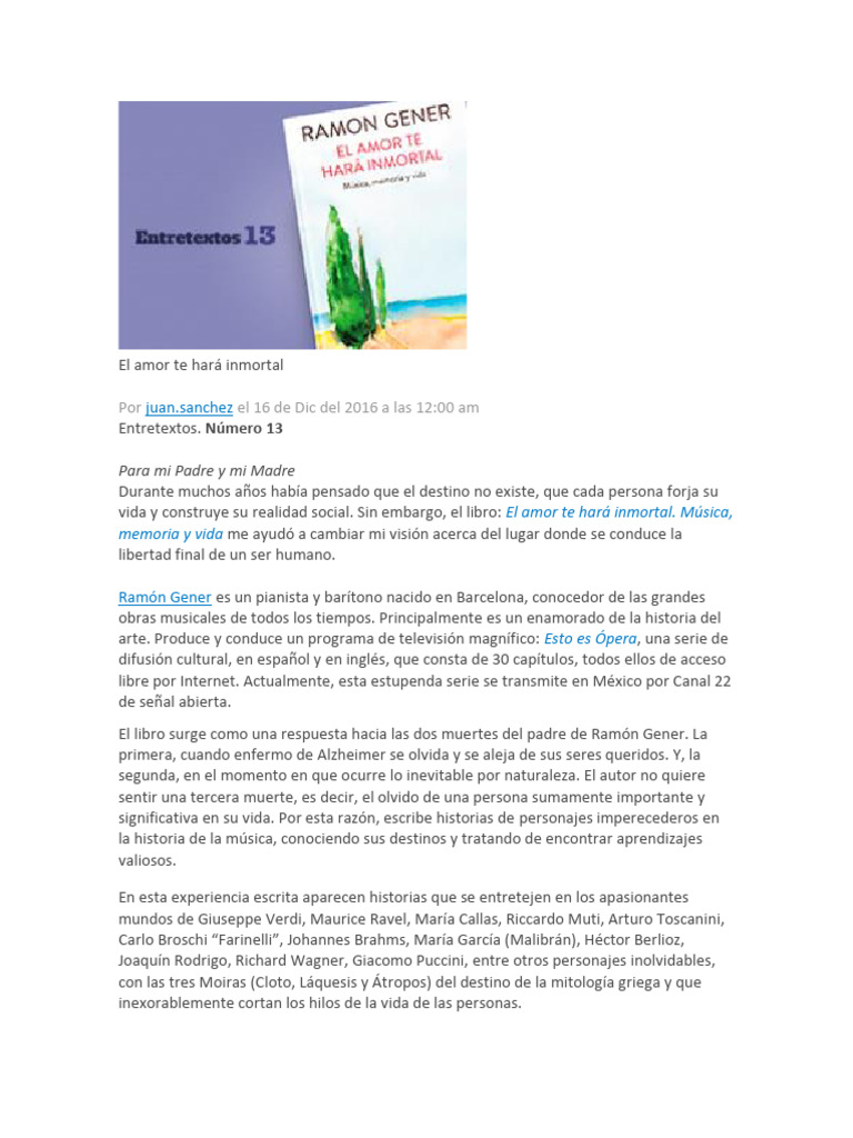El Amor Te Hara Inmorgal - Ramon Gener | PDF