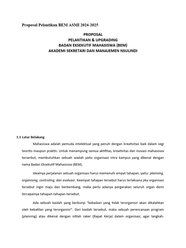 Proposal Pelantikan BEM ASMI | PDF | Karier & Perkembangan