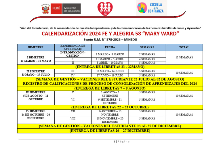 Calendarización 2024 Fe y Alegria 58 "Mary Ward" | PDF