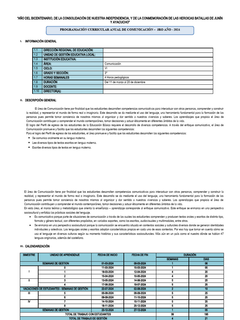 Planificación Anual 2024 - Com 3ro | PDF