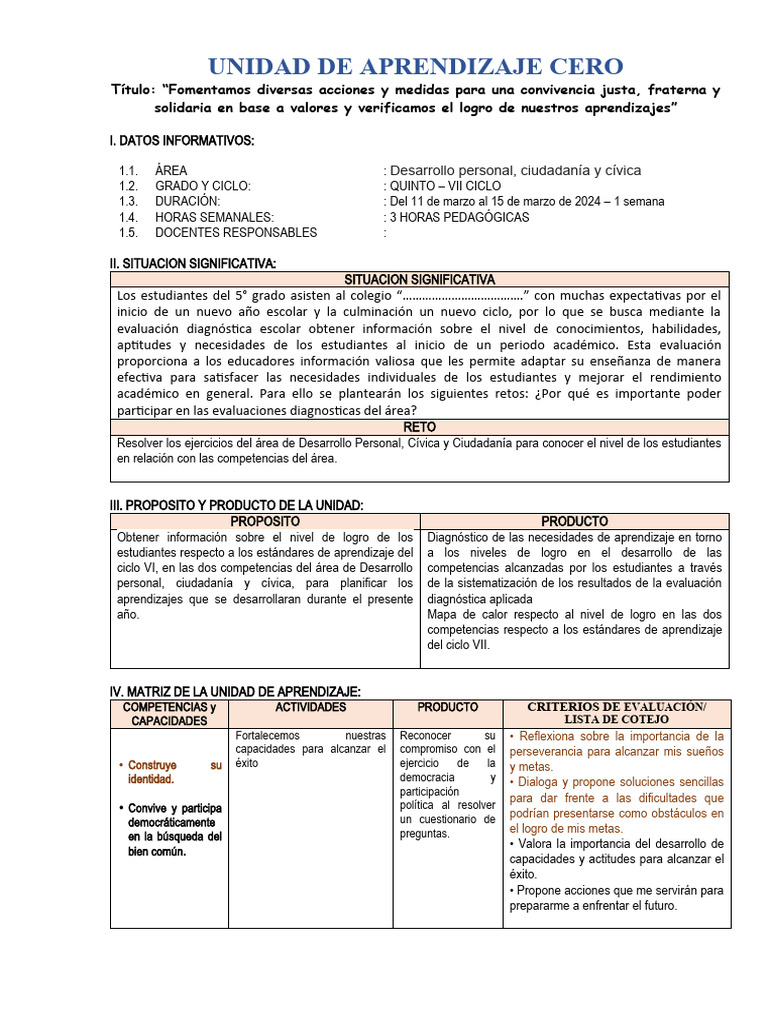 Unidad De Aprendizaje Cero Dpcc 5to Año Pdf Evaluación Aprendizaje 0934