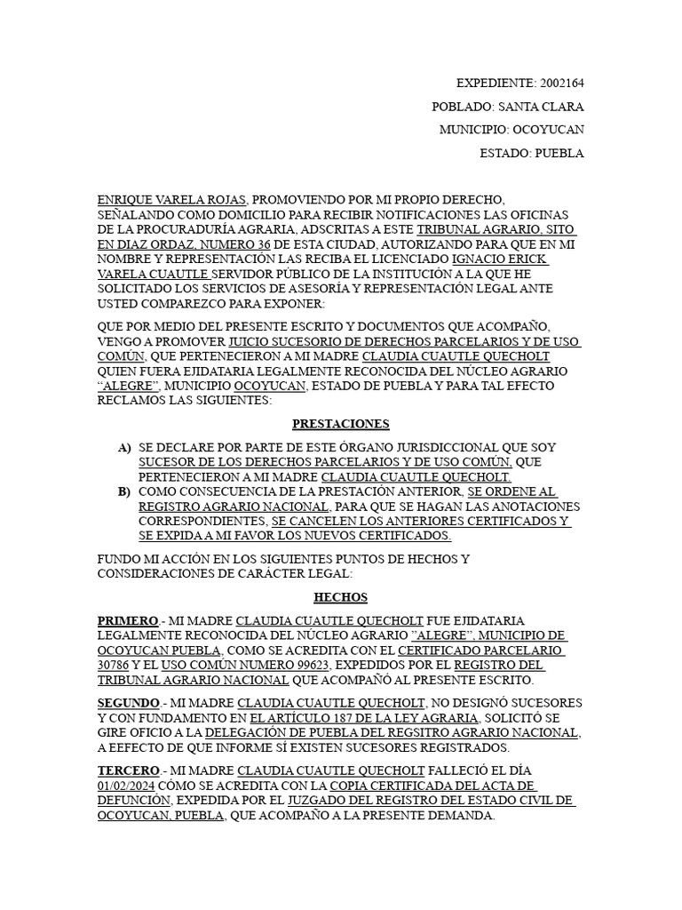 Demanda Agraria - Juicio Sucesorio de Derechos Parcelarios y de Uso ...