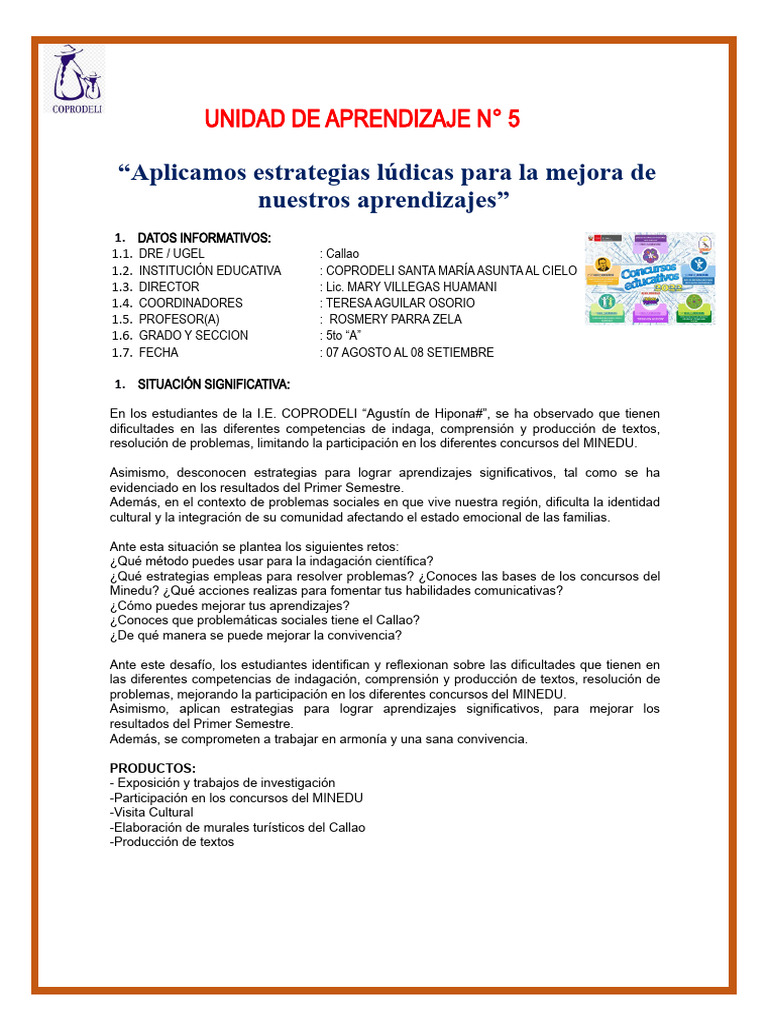 5 Unidad de Aprendizaje 5° Grado - 2023 | PDF | Aprendizaje