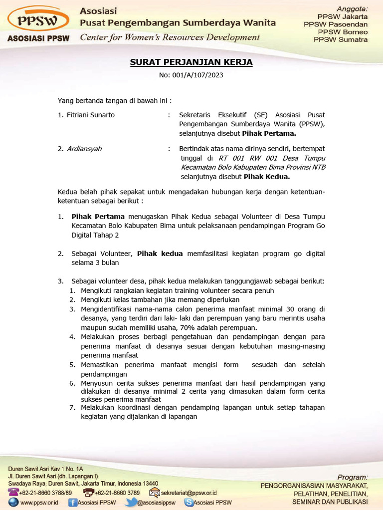 Perjanjian Kerja PPSW | PDF