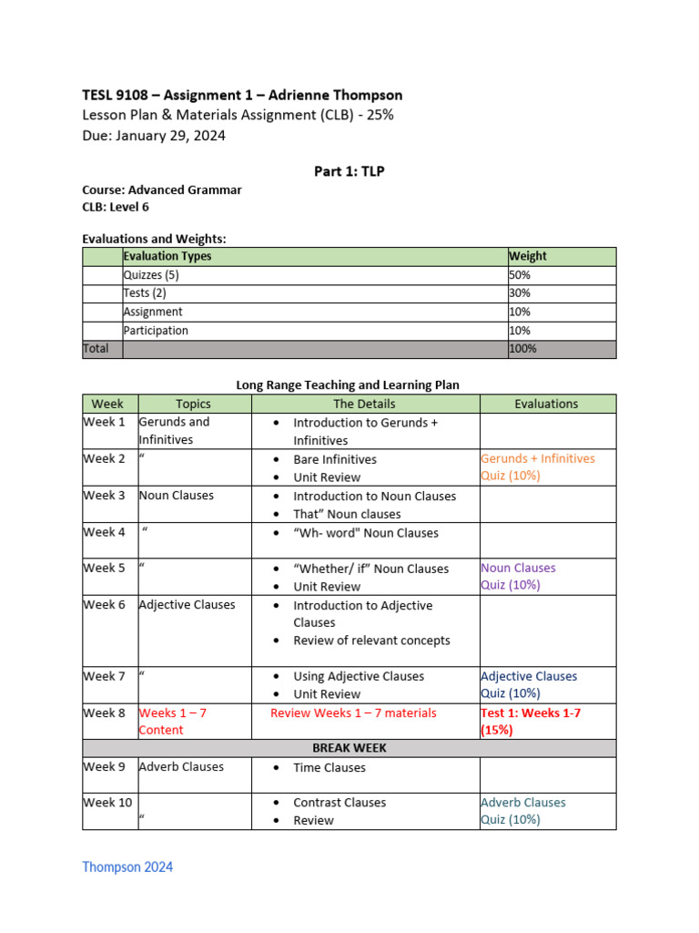 Lesson Plan and Materials Assignment 1 - Adrienne Thompson | PDF | Clause | Adverb