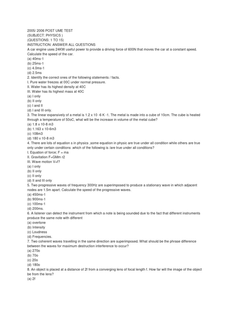 2005/2006 Physics Post UME Test Questions | PDF | Amplitude | Waves