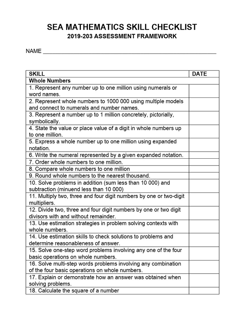 Sea Math Skills Checklist | Download Free PDF | Area | Percentage