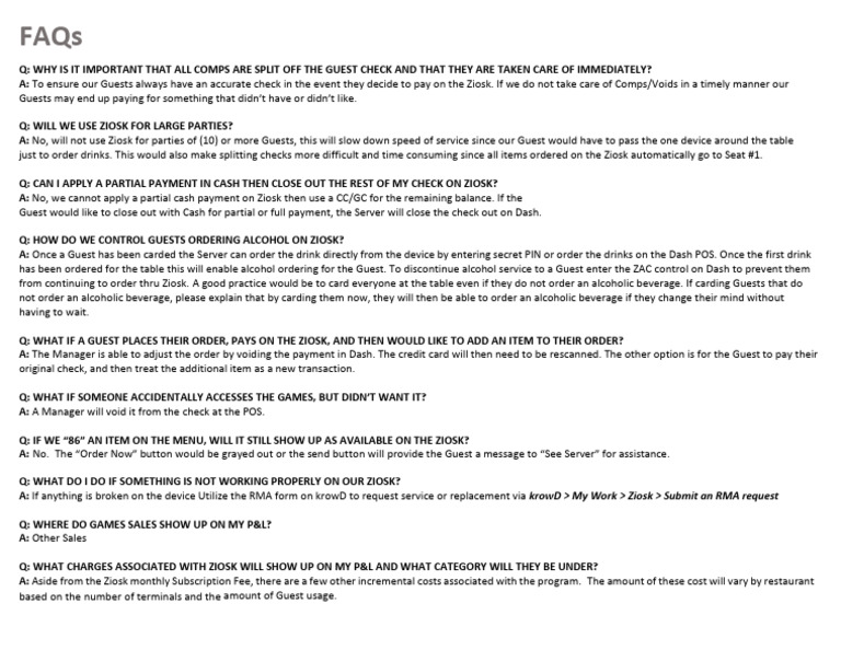 ZIOSK FAQs | PDF | Point Of Sale | Service Industries