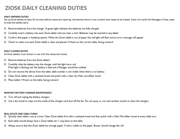 Ziosk Daily Cleaning Duties | PDF | Wellness