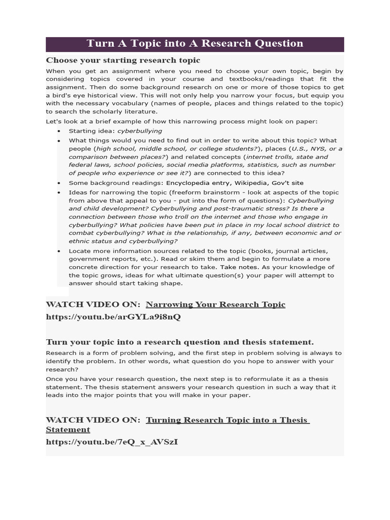 Turn A Topic Into A Research Question | PDF | Cyberbullying | Question