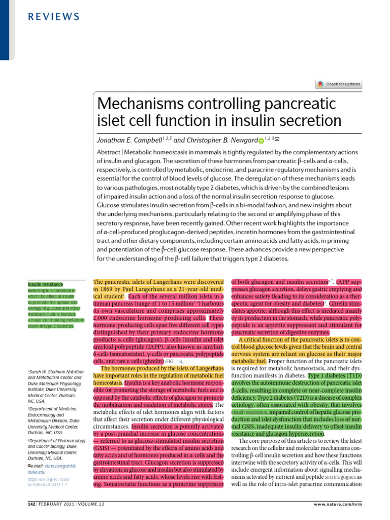 Mechanism Controlling Pancreatic Islet Cell Function in Insulin ...