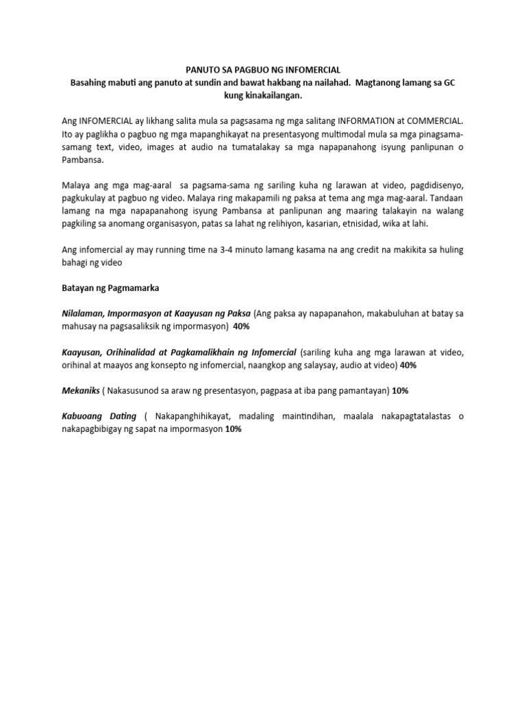 Panuto Sa Pagbuo NG Infomercial | PDF