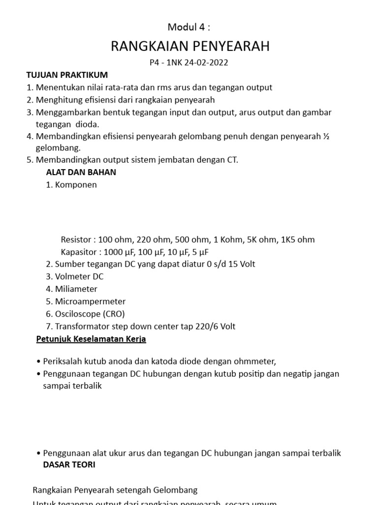 Modul 4 - Rangkaian Penyearah (P4) | PDF