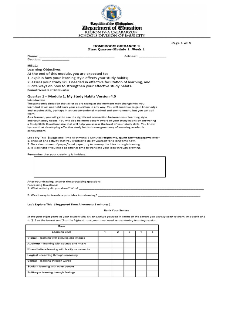 HG-G9-LAS-Q1-W1 | PDF | Learning Styles | Study Skills