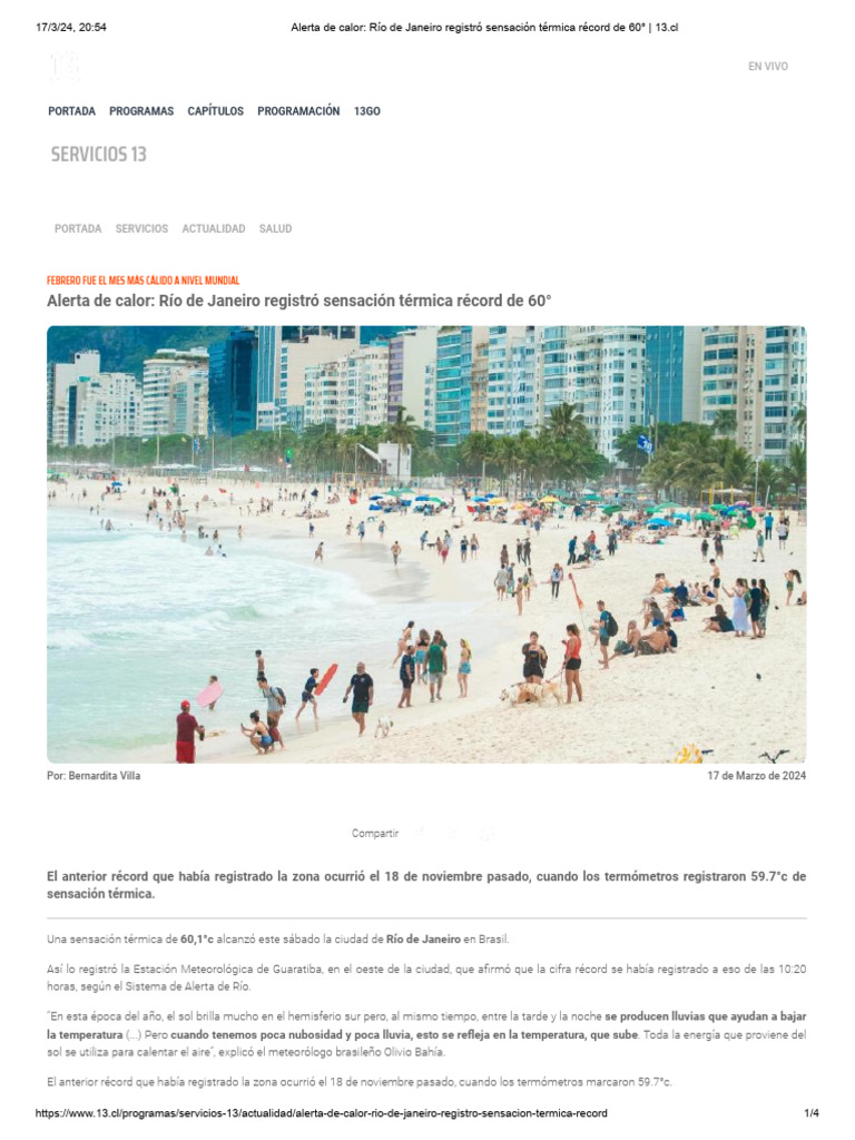 Alerta de Calor - Río de Janeiro Registró Sensación Térmica Récord de 60° - 13.cl | PDF ...