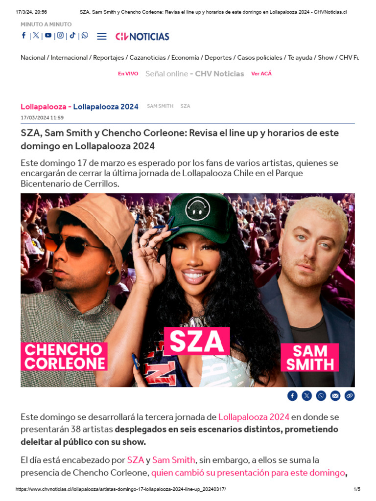 SZA, Sam Smith y Chencho Corleone - Revisa El Line Up y Horarios de ...