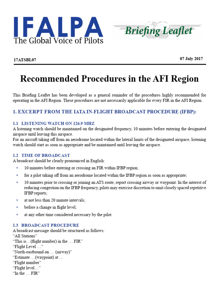 AFI Region Flight Procedures Guide | PDF | Transponder (Aeronautics ...