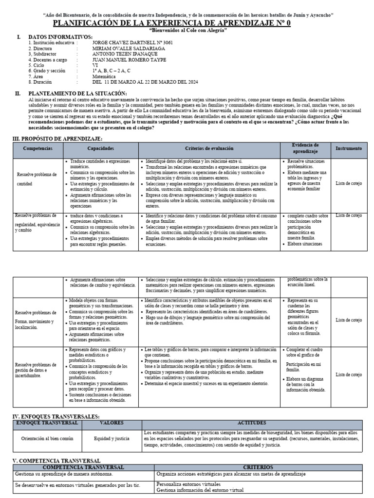 Planificación de La Experiencia de Aprendizaje #0: "Bienvenidos Al Cole Con Alegría" I. Datos ...