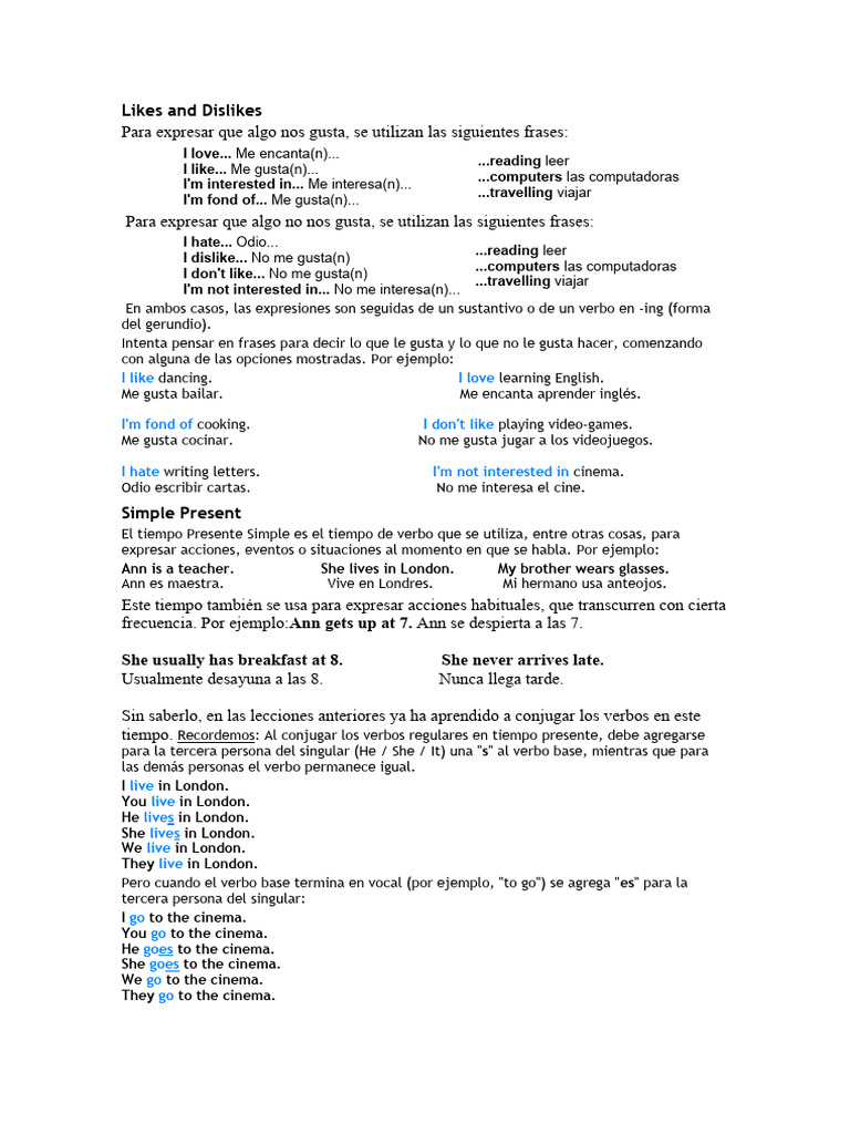 Likes and Dislikes Exercises | PDF | Verbo | Unidades Semánticas